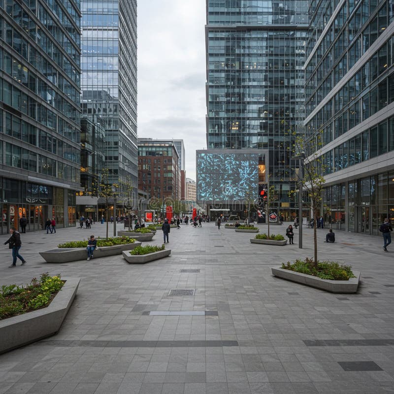 Modern Urban Setting with Tall Glass Skyscrapers Lining a Wide ...