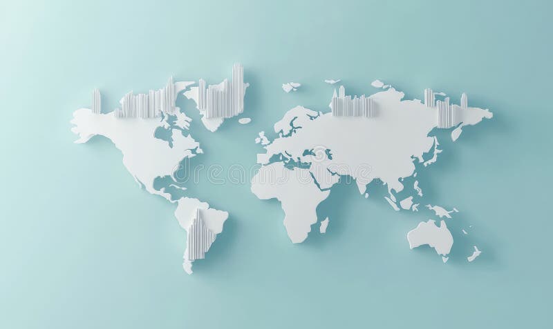 A Modern Urban Skyline with a Blue-toned World Map Overlay. Stock Image ...