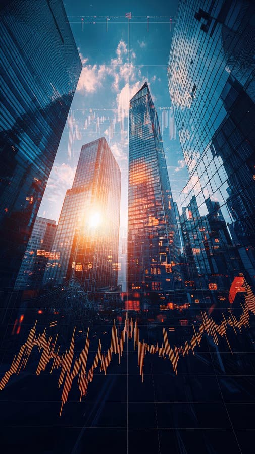 Modern Urban Skyline with Data Visualization and Sunset Reflections ...