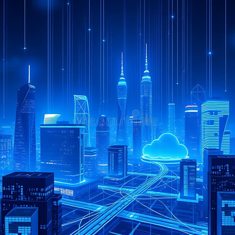 Modern Urban Skyline Illuminated by Blue Neon Data Streams, Showcasing ...
