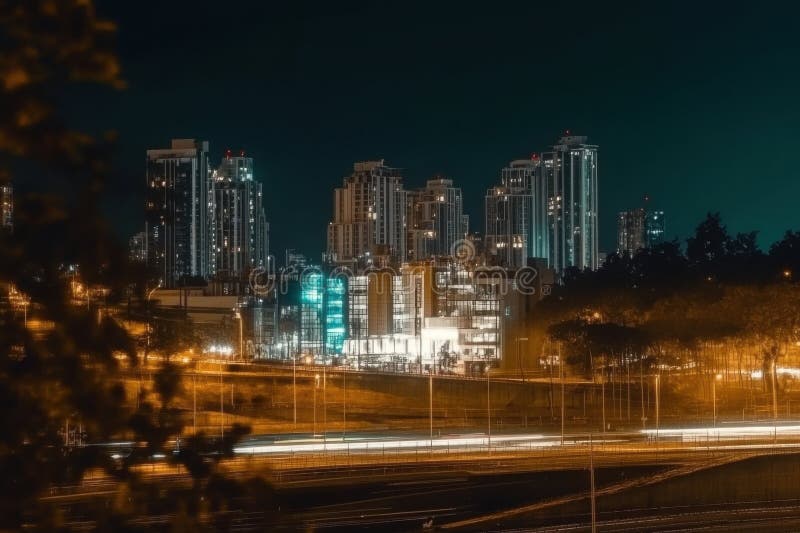 Modern Urban Skyline at Night with Futuristic High-tech Architecture ...