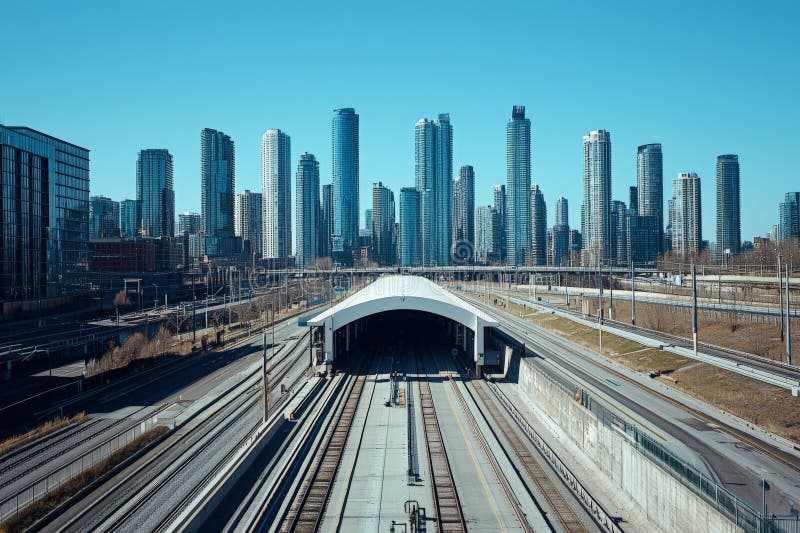 Modern Urban Skyline with Skyscrapers and Railway Infrastructure Stock ...