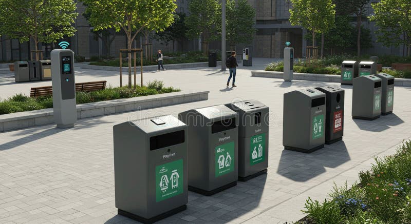 A Modern Urban Square Features Several Smart Waste Bins Equipped with ...