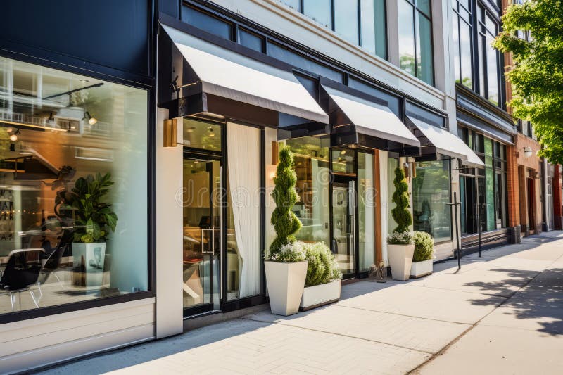 Modern Urban Storefront with Glass Doors, Green Plants, and Sidewalk ...
