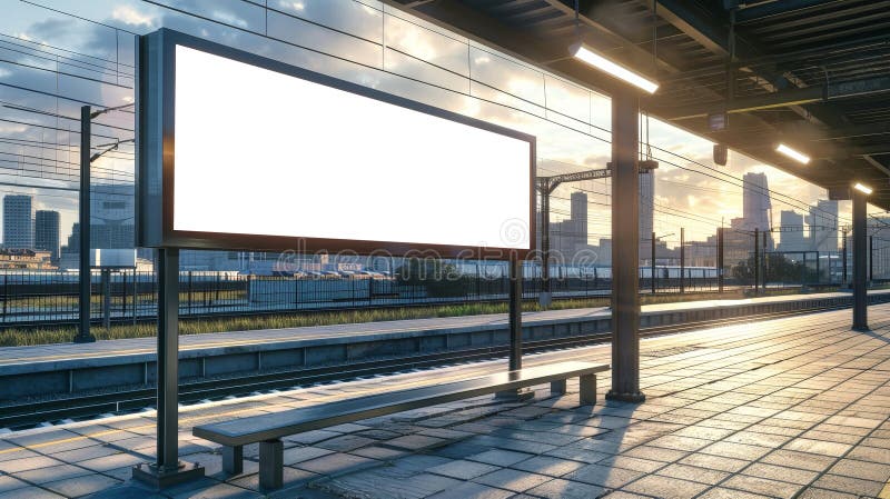 A Modern Urban Train Station with a Bench and a Billboard Showcasing a ...