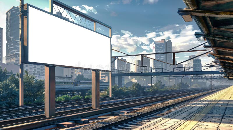 A Modern Urban Train Station with a Bench and a Billboard Showcasing a ...