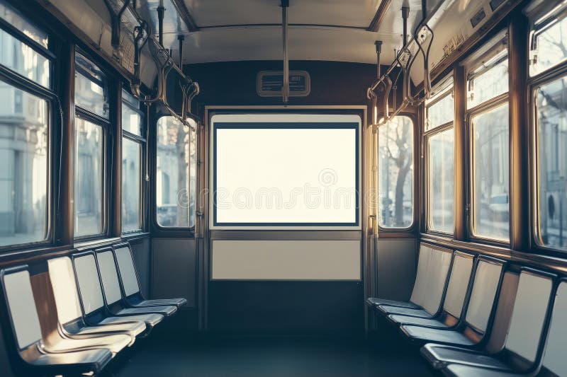Modern Urban Tram Interior Featuring a Large Advertising Billboard in a ...