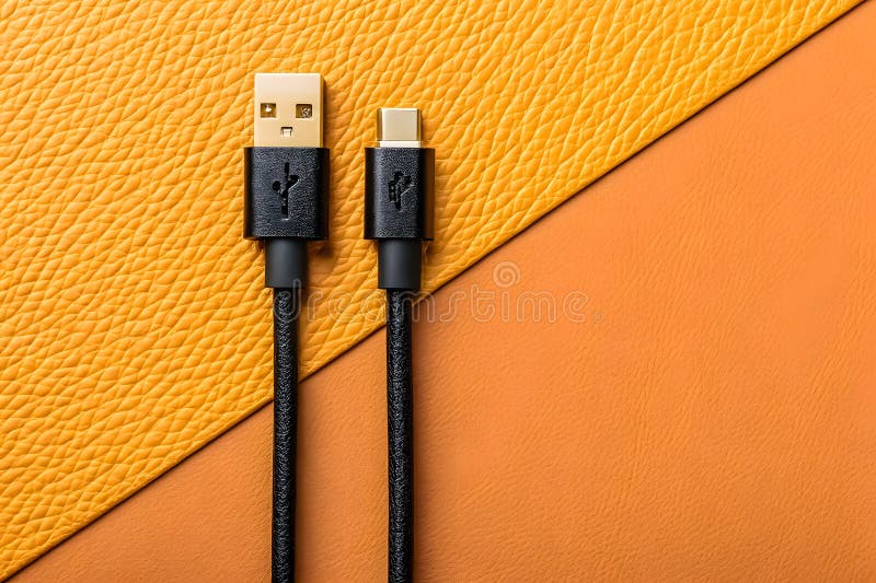 Modern USB-C and USB-a Cables Minimalist Flatlay on Mustard and Orange ...