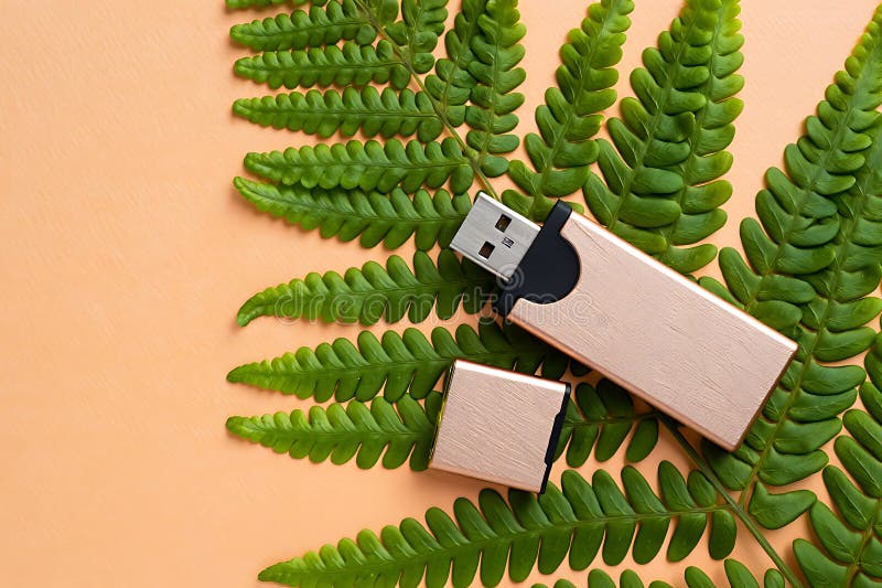 A Usb Flash Drive Rests on a Green Fern Leaf Stock Illustration - Illustration of modern ...