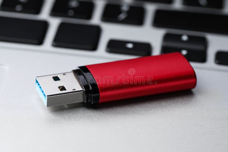 Modern Usb Flash Drive on Laptop, Closeup Stock Image - Image of info ...