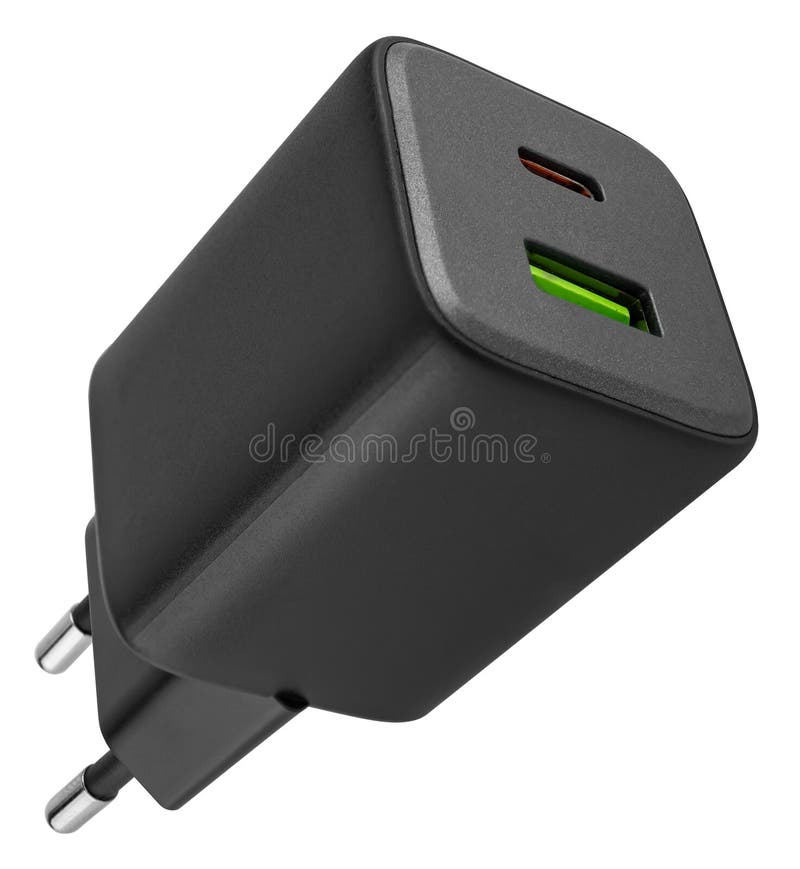 Classic White Power Adapter with USB Port. on White Background in ...