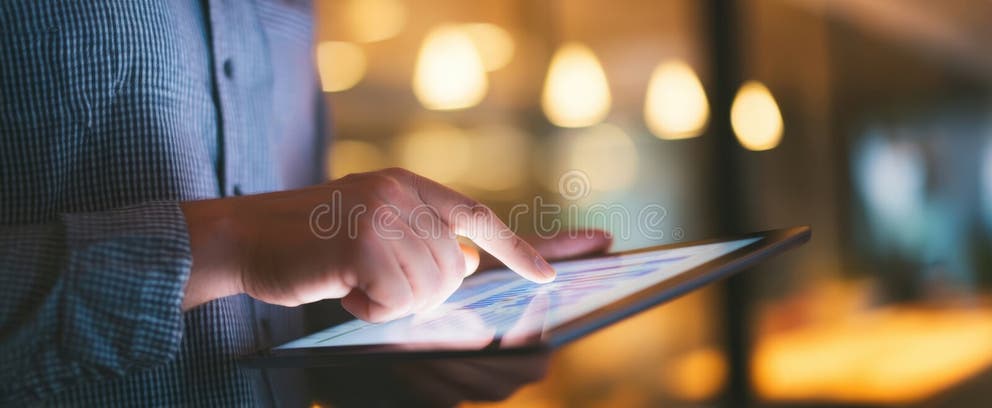 The Modern User Engaging with a Touchscreen Tablet in a Dynamic Workspace..AI Generated Image ...