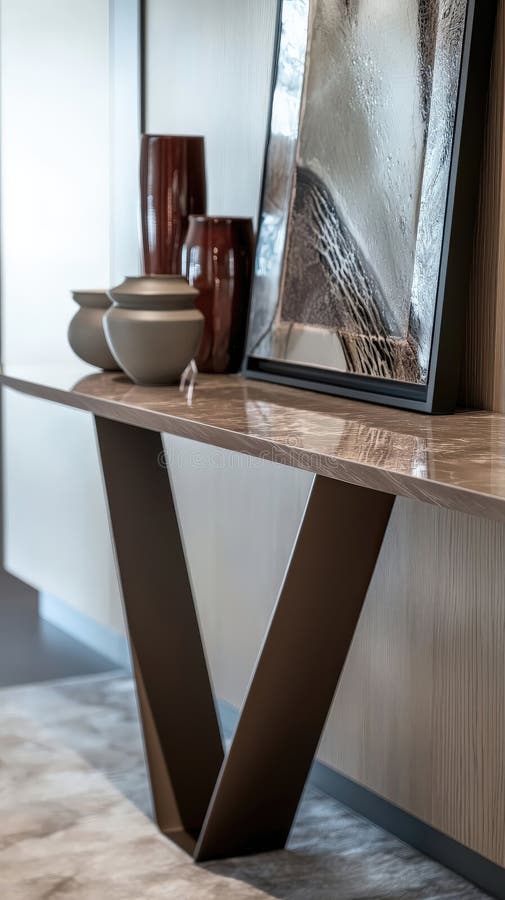 Modern V-Shaped Console Table with Artwork and Decor Stock Illustration - Illustration of ...