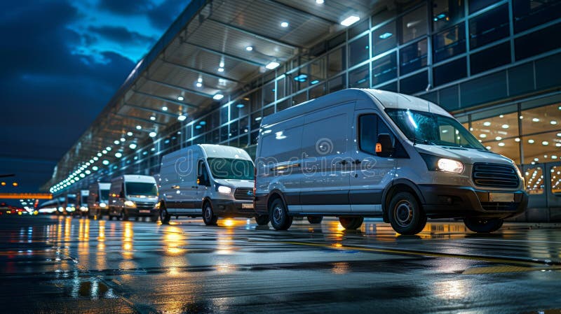 Modern Vans Parked at an Airport Terminal Ready for Passengers in Night ...