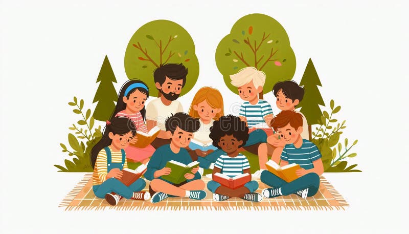 Diverse Kids Reading Books in the Park, Teamwork, Sharing, and Learning ...