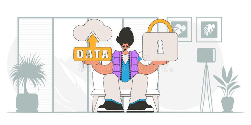 Modern Vector Style Character of a Man with a Padlock and Cloud Storage ...