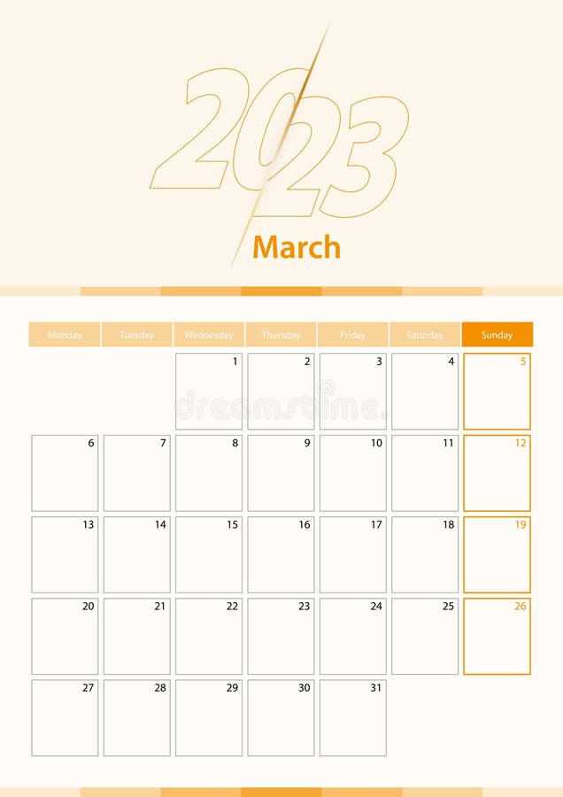 Modern Vector Vertical Calendar Sheet for March 2023, Planner in ...