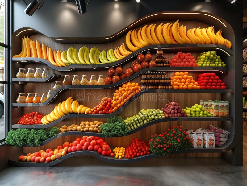 Modern Vegetable Showcase with Goods Stock Illustration - Illustration ...