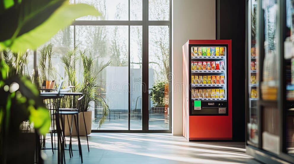 A Modern Vending Machine with Digital Payment Integration in a Bright ...