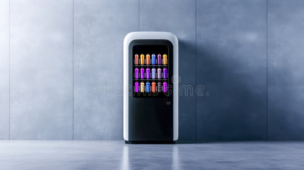 Modern Vending Machine Displaying Colorful Drinks in Minimalist Setting ...