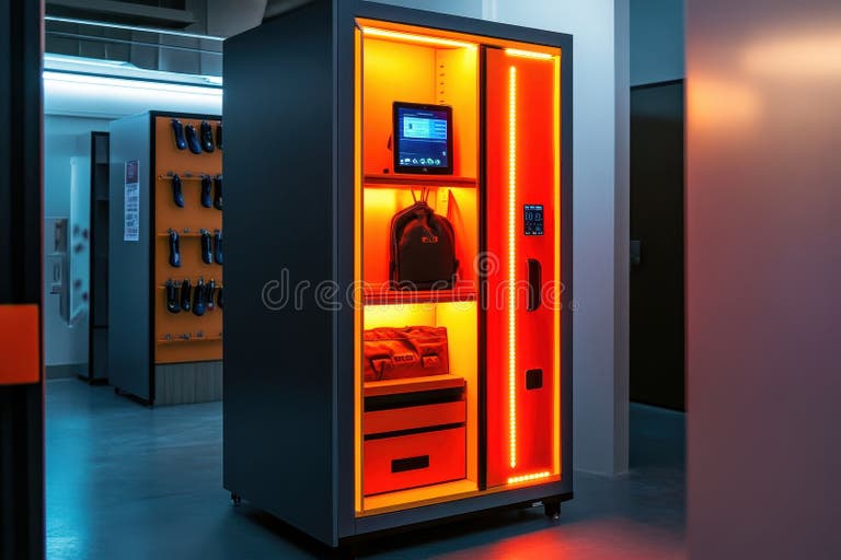 A Modern Vending Machine with Illuminated Sections for Various Items ...