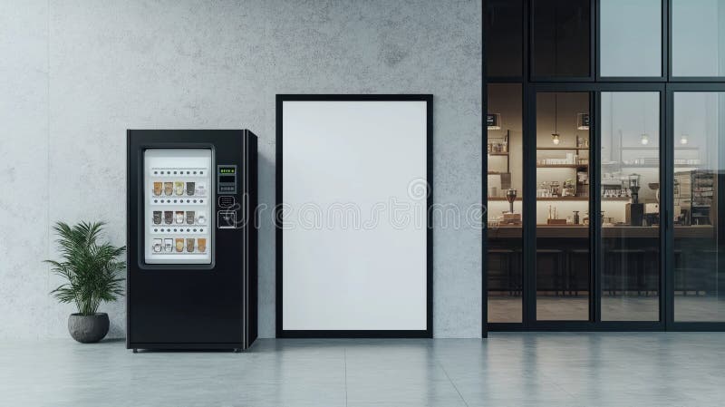 Modern Vending Machine Next To Coffee Shop. Blank White Screen on Wall ...