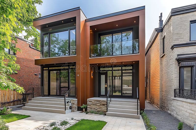 Pair of Modern Townhouses with Sleek, Rectangular Design, Large Windows ...