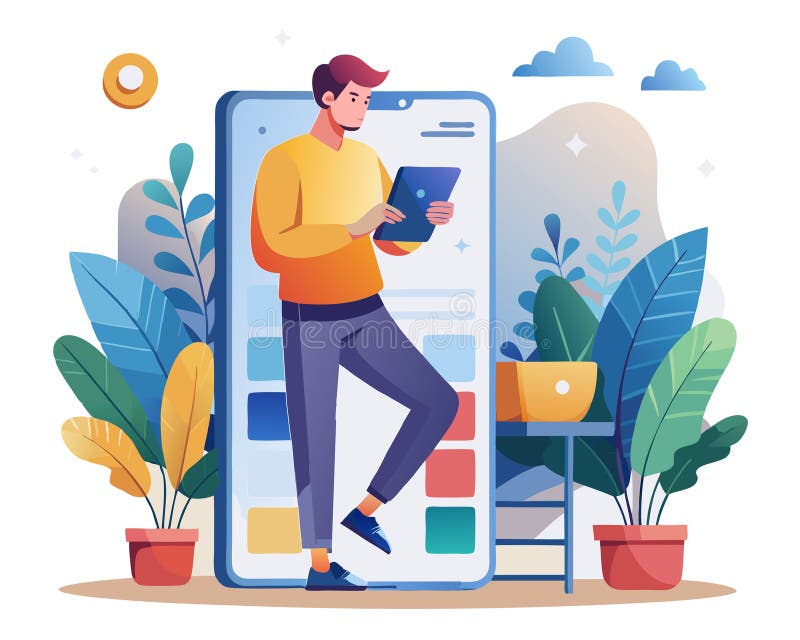 Mobile App Interaction Illustration Man Using Tablet Stock Vector ...