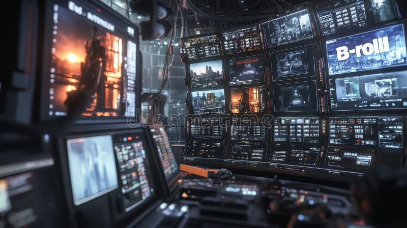 Modern Video Editing Control Room with Multiple Screens Displaying ...