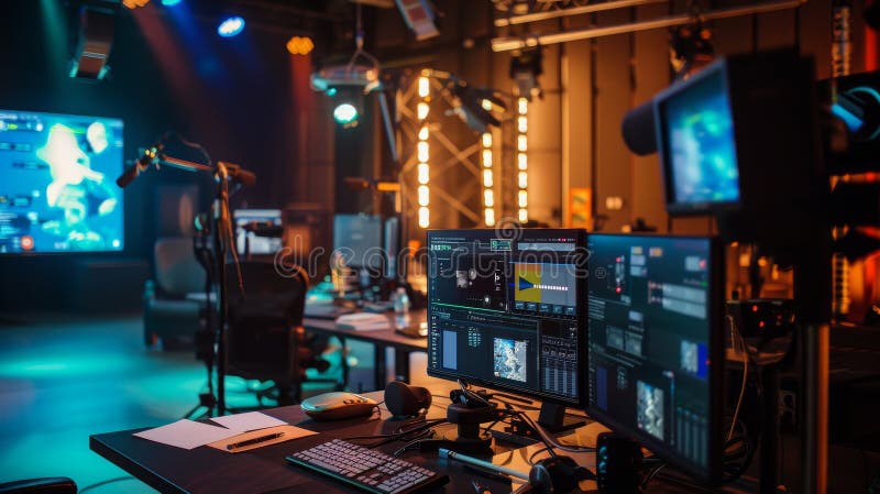 Modern Video Editing Station with Multiple Monitors and Equipment Stock ...