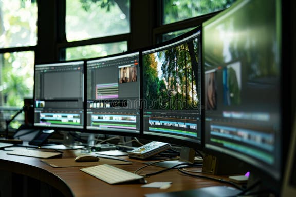 Modern Video Editing Workstation with Multiple Monitors Stock Photo ...