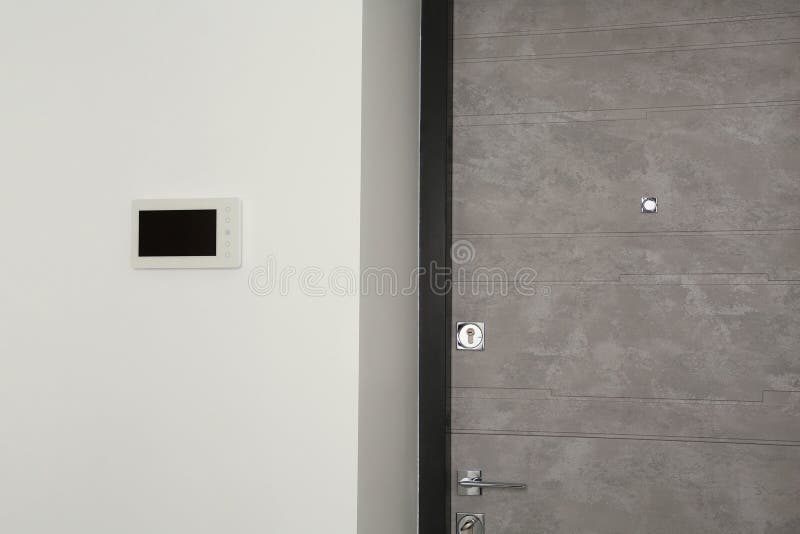 Modern Video Intercom on White Wall Near Door Stock Image - Image of ...