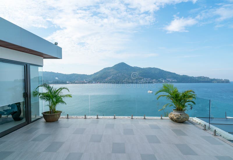 Modern Villa Building Terrace Looking Out Over the Ocean Stock Image ...