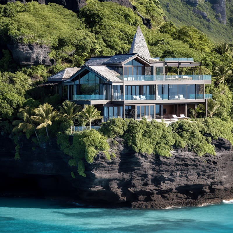 Modern Villa on a Cliff. Mansion with Terrace and Balcony Stock ...