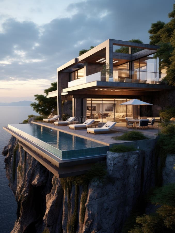Modern Villa on a Cliff. Mansion with Terrace and Pool Stock ...