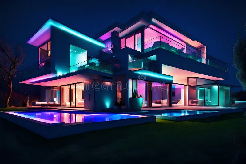 Modern Villa with Colored Led Lights at Night Generated AI Stock ...
