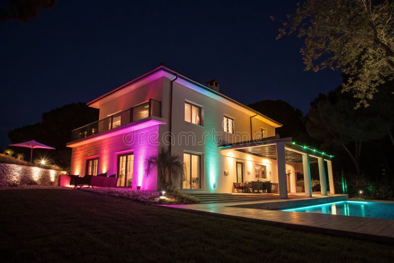 Modern Villa with Colored LED Lights at Night Stock Illustration ...
