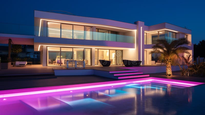 Modern Villa with Colored Led Lights at Night. Nobody Inside ...