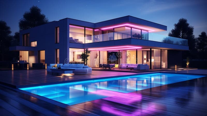 Modern Villa with Colored Led Lights at Night. Stock Image - Image of ...
