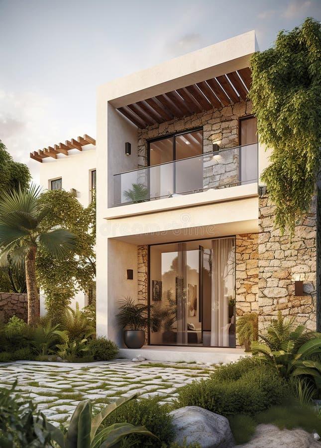 Modern Villa Decorated with Stone Cladding and Cozy Patio. Created with ...