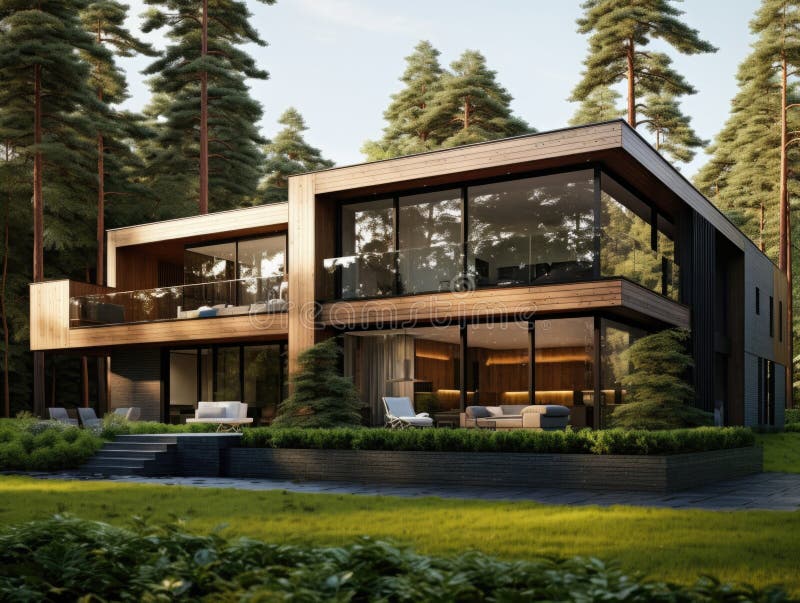 Modern Villa Decorated with Wooden Planks Cladding in Green Forest ...