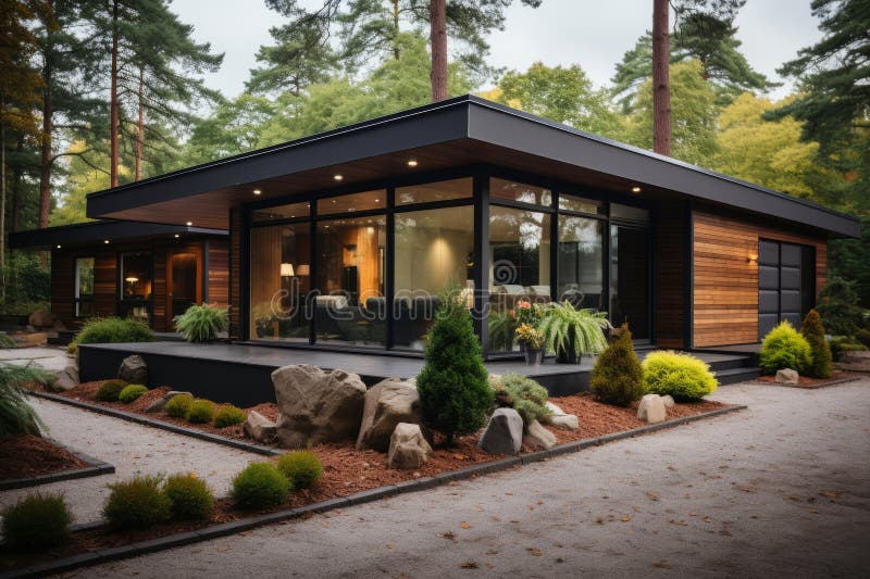 Modern Villa Decorated with Wooden Planks Cladding in Green Forest . AI ...