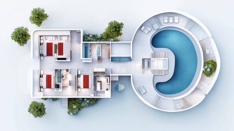 Modern Villa Floor Plan with Pool Stock Illustration - Illustration of ...