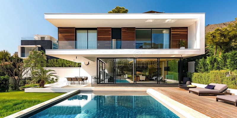 Modern Villa with Front Pool Stock Image - Image of poolside, living ...