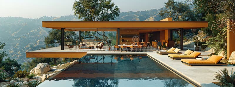 Modern Villa with Infinity Pool and Mountain Views Stock Illustration ...