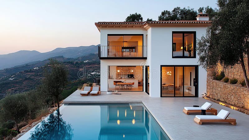 Modern Villa with Infinity Pool Overlooking Mountains Stock ...