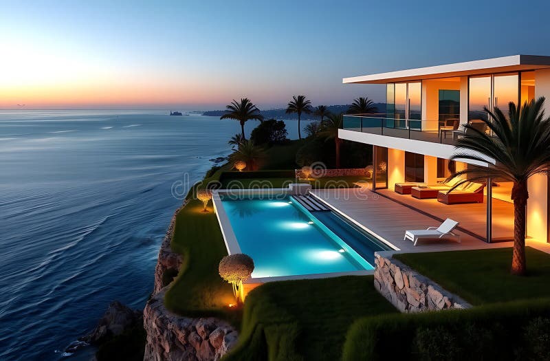 Modern Villa with Infinity Pool Overlooking the Se... Stock Photo ...