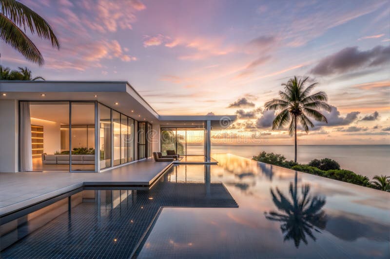 Modern Villa with Infinity Pool Reflecting Sunset, Ocean View and Palm ...
