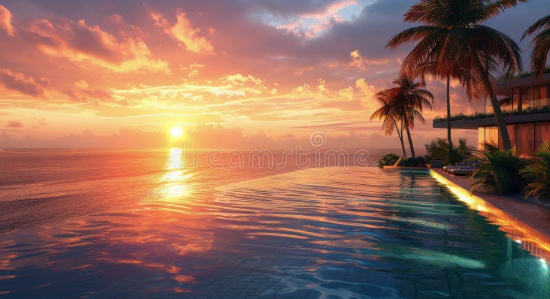 Modern Villa with Infinity Pool at Sunset Stock Photo - Image of pool ...