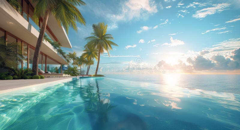 Modern Villa with Infinity Pool at Sunset Stock Image - Image of ...